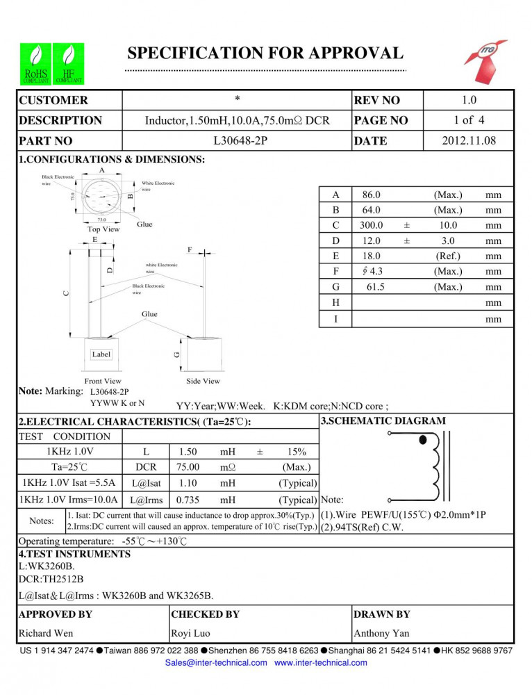 L30648-2P specification, page 1: dimensions and electrical characteristics
