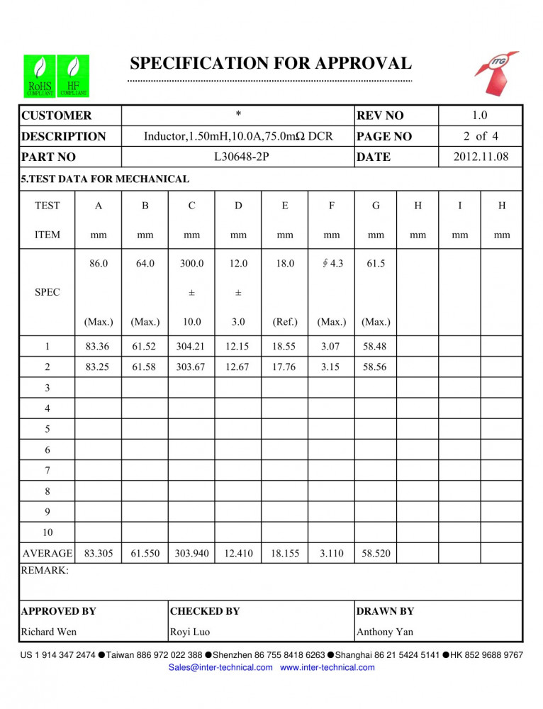 L30648-2P specification, page 2: mechanical test data