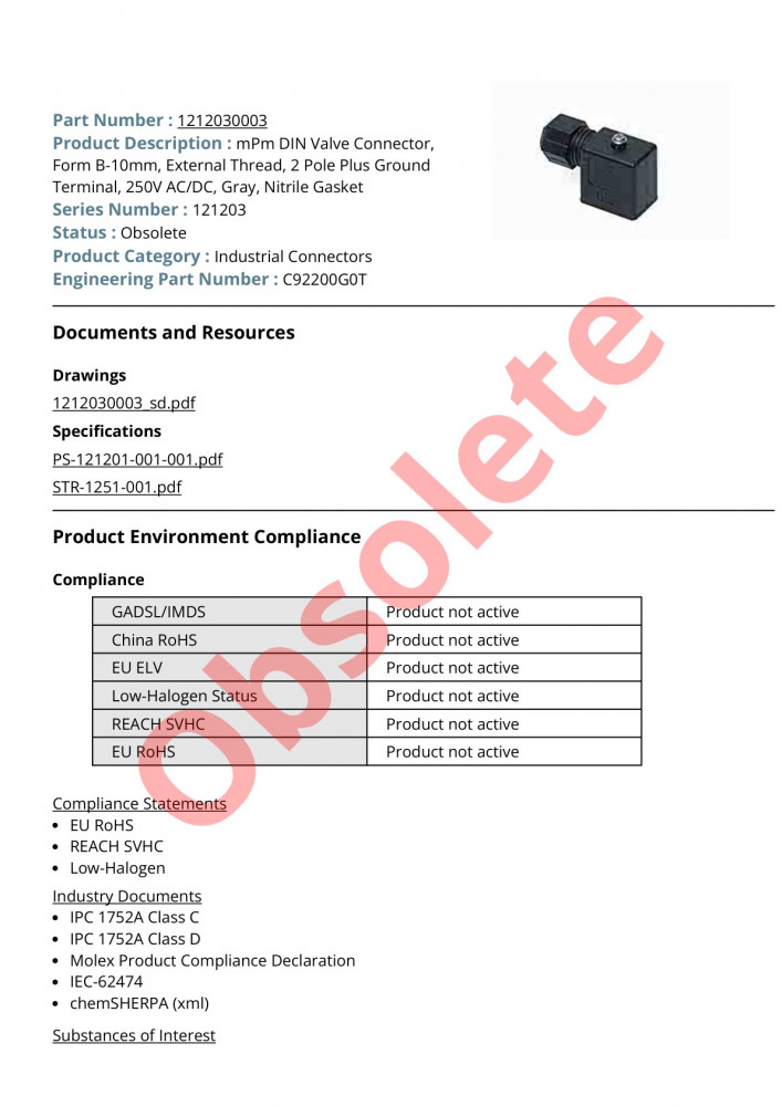 DIN valve connector product specification page preview 1