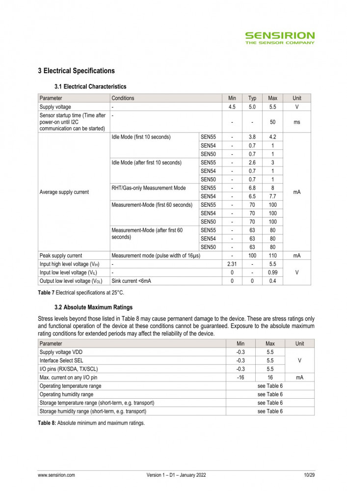 SEN5x datasheet page 10