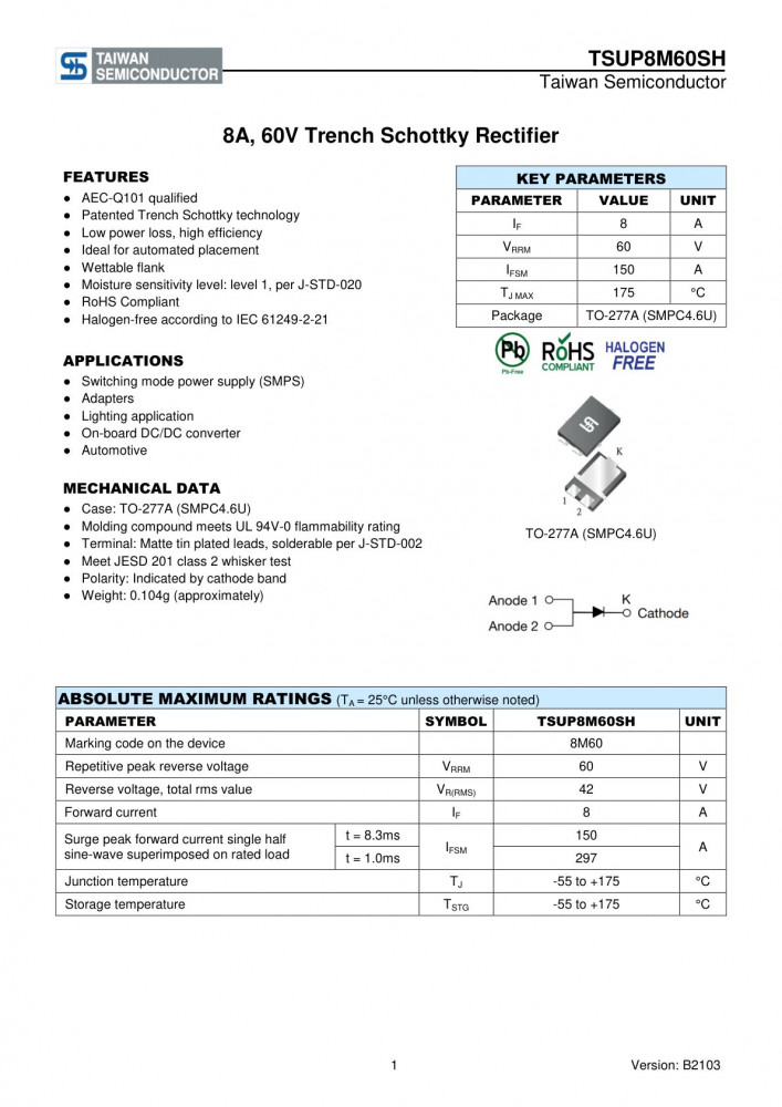 TSUP8M60SH technical document page 1