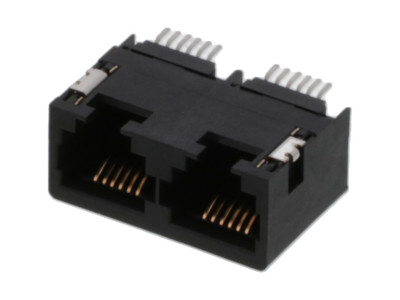 Modular Jack, Right-Angle, LCP, Surface Mount, 6/4, 2 Ports, 1.27µm Gold Plating