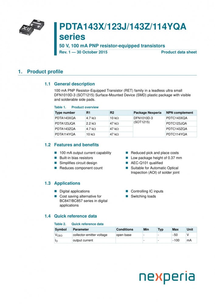 PDTA114YQAZ datasheet page 1