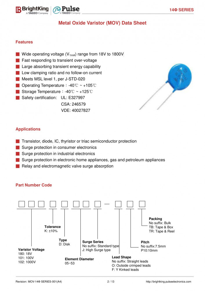 BrightKing MOV datasheet page 1