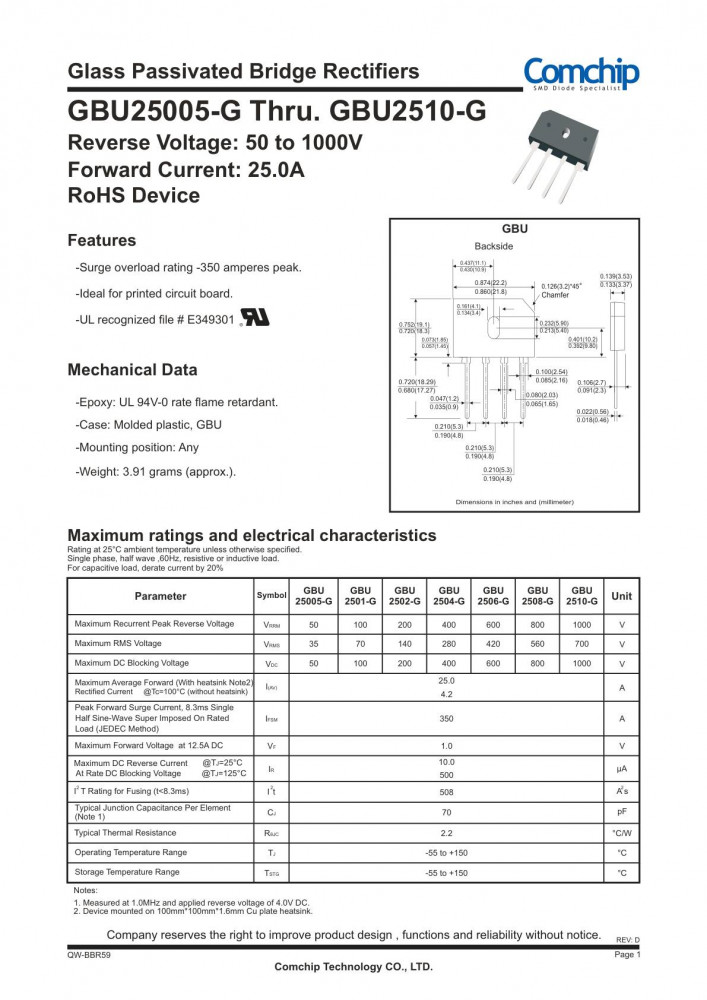Comchip GBU2510-G datasheet page 1