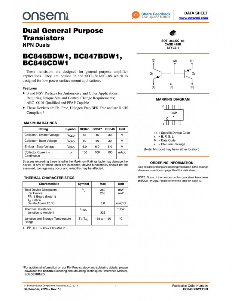 BC847CDW1T1G datasheet page 1