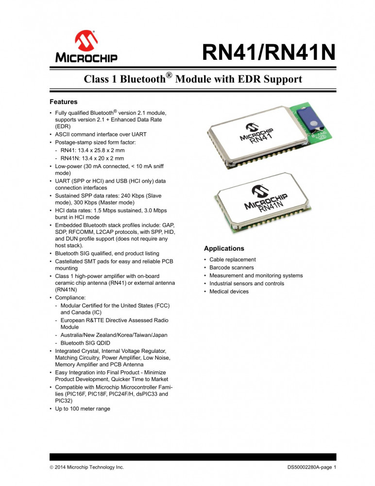 RN41 datasheet page 1