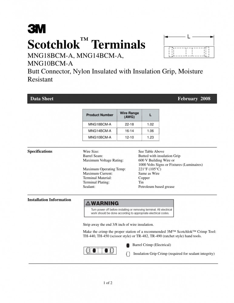 3M Scotchlok terminal datasheet page 1