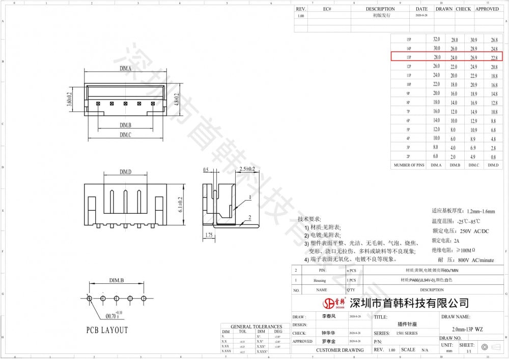 2.0mm-13P WZ technical drawing page 1