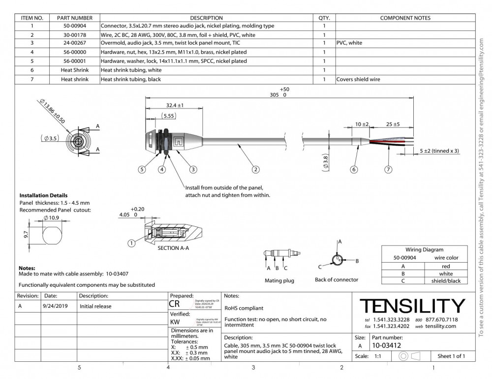 10-03412 product drawing and wiring details
