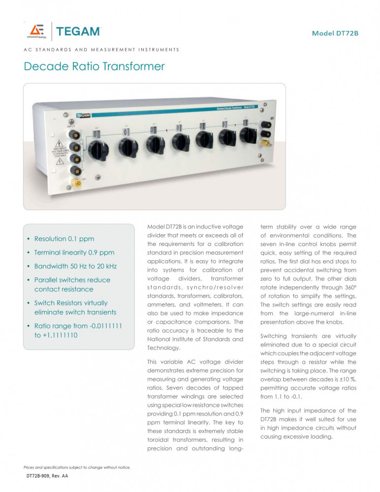 DT72B decade ratio transformer documentation page 1