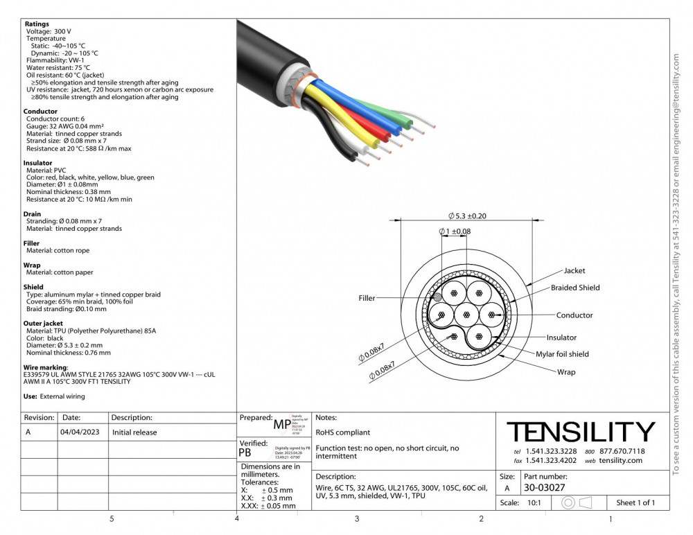 Tensility International 30-03027 cable drawing and specification page