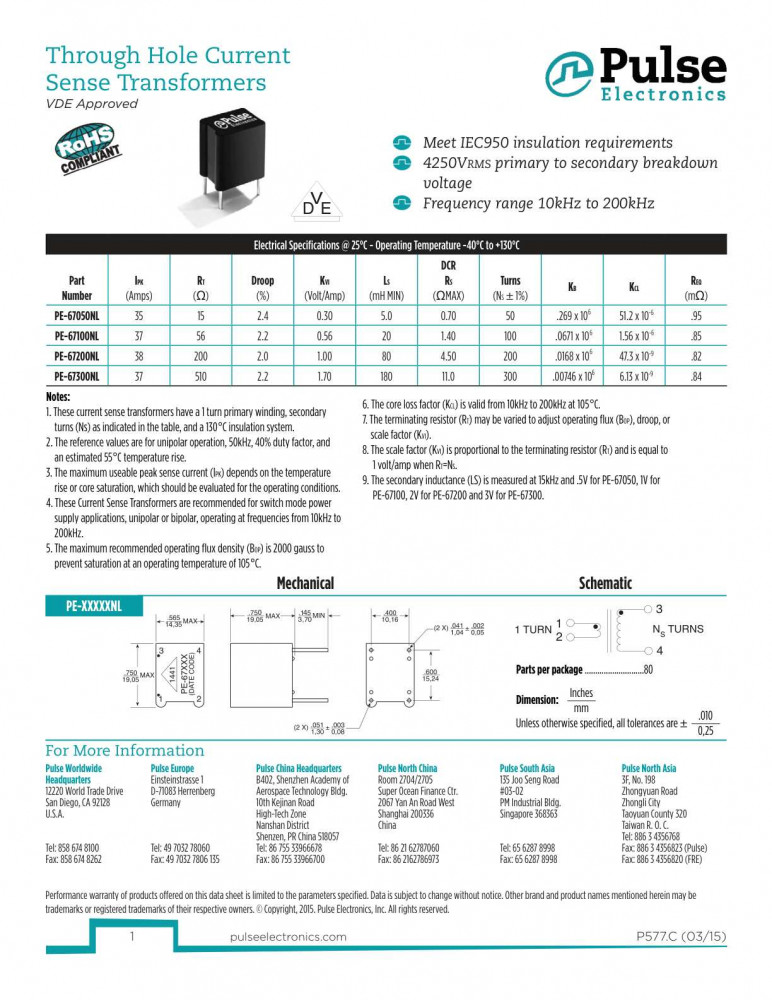 PE-67200NL current sense transformer product document image