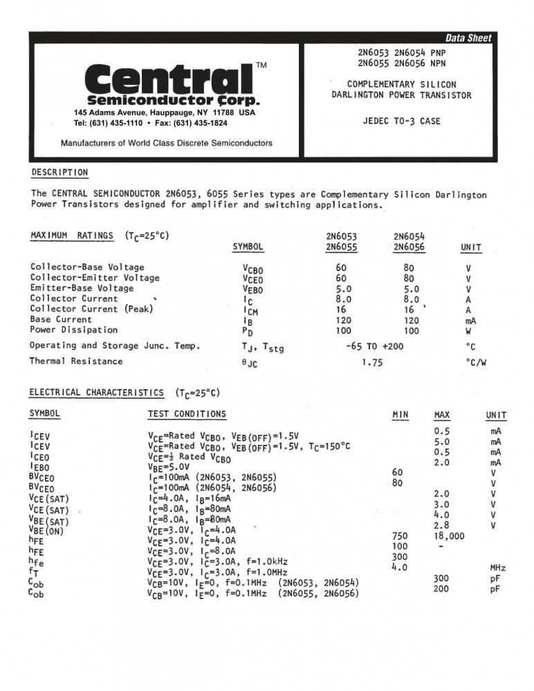 2N6055 datasheet page 1