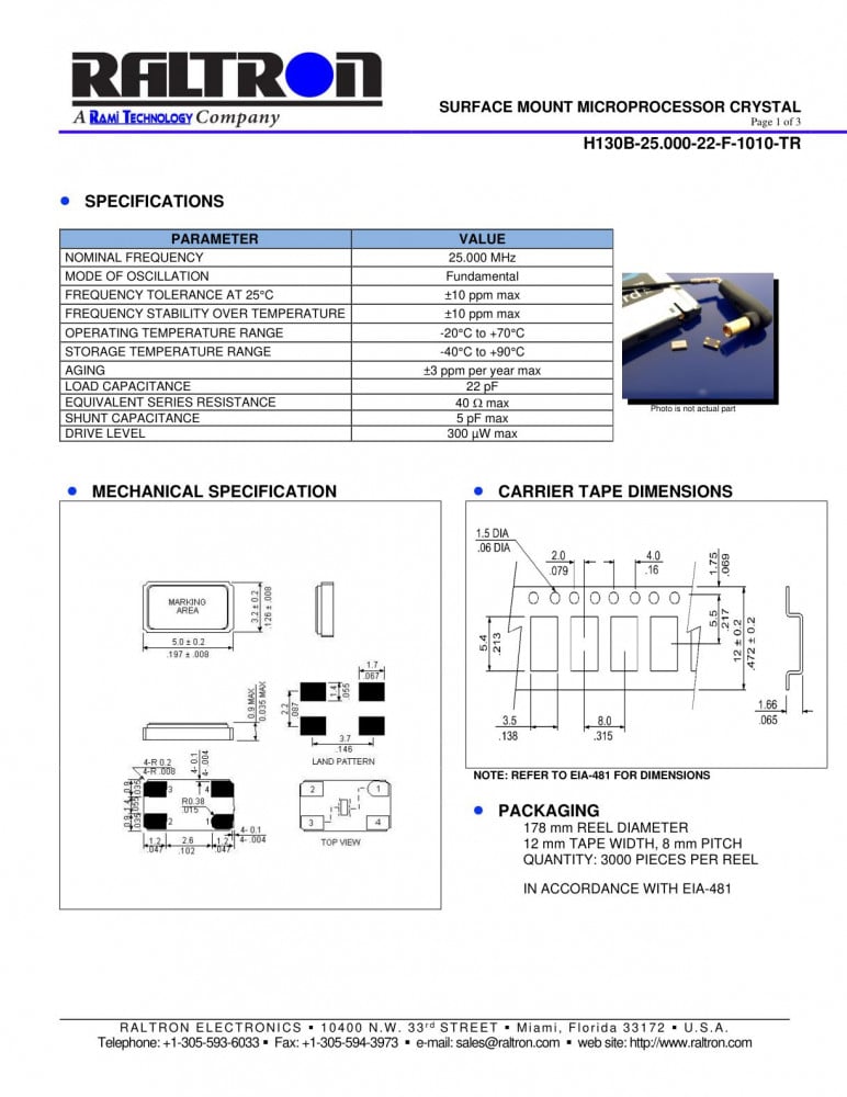 Raltron H130B-25.000-22-F-1010-TR datasheet page 1