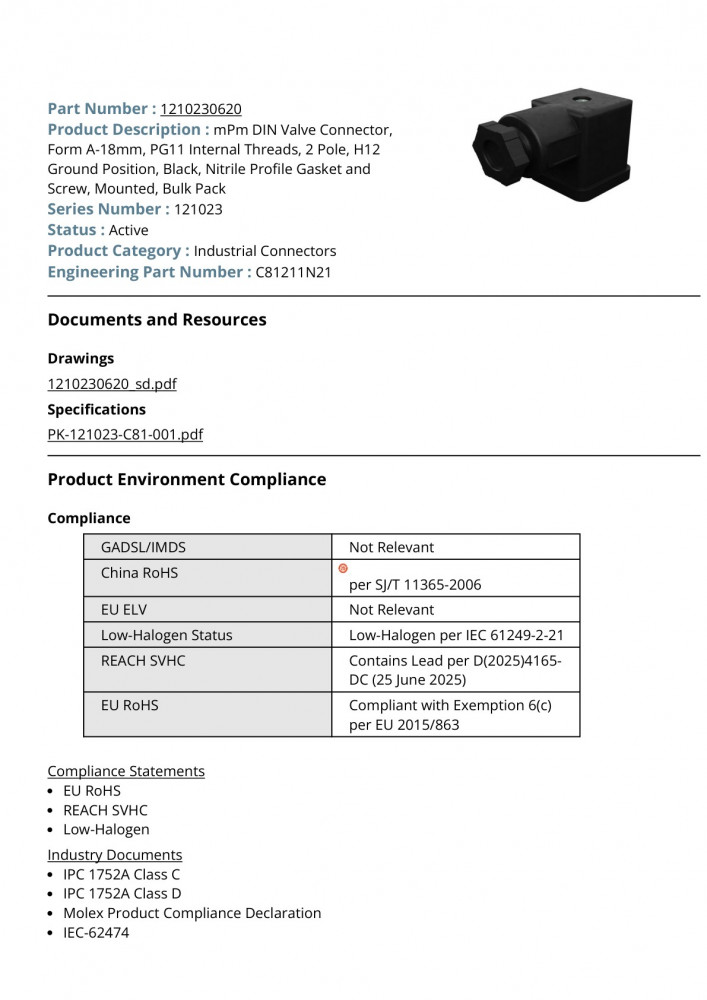 Molex DIN Valve Series C81 packaging specification, page image 1