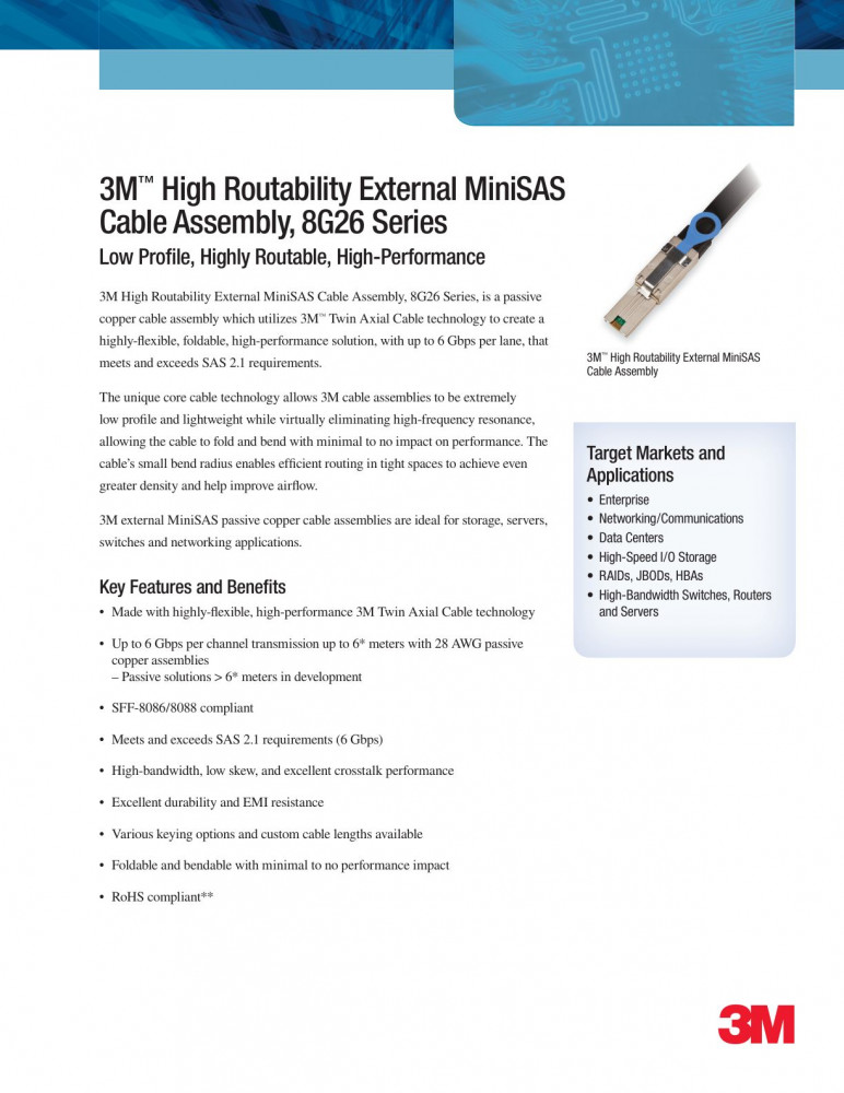 3M 8G26 Series external miniSAS cable assembly technical document page 1