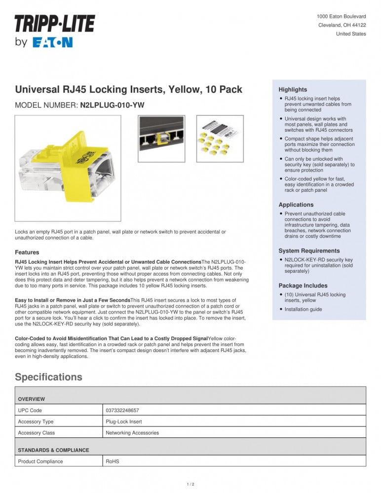 N2LPLUG-010-YW documentation page 1