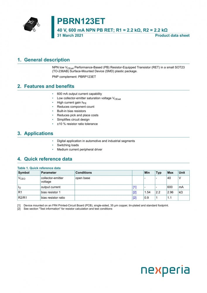 PBRN123ET datasheet page 1