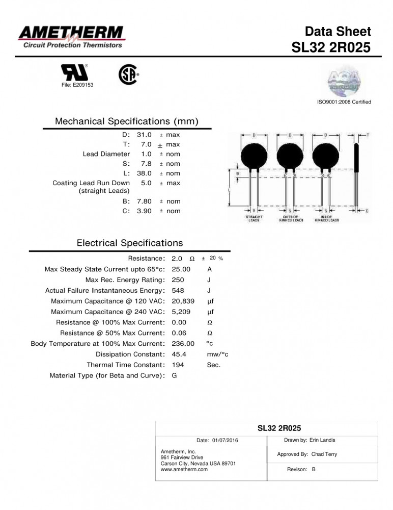 Ametherm SL32 2R025-B technical document page