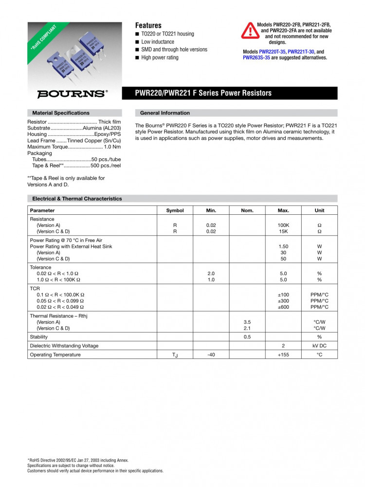 Bourns PWR221 F Series datasheet page 1