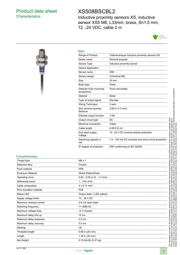 XS508BSCBL2 product data sheet page 1