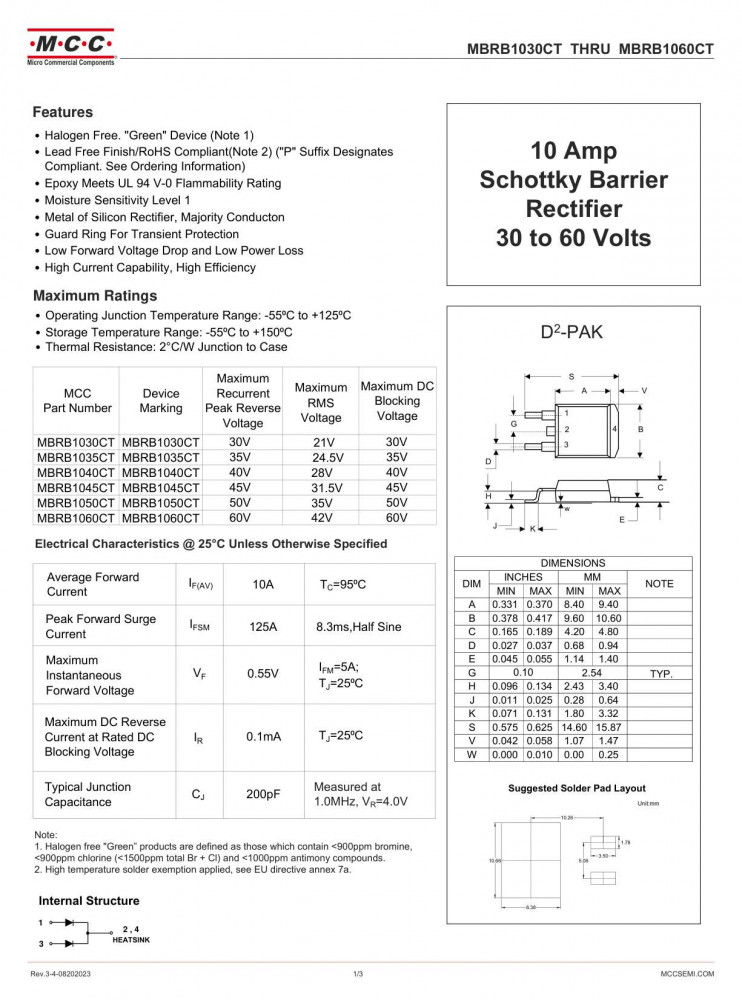 MCC MBRB1045CT-TP datasheet page 1