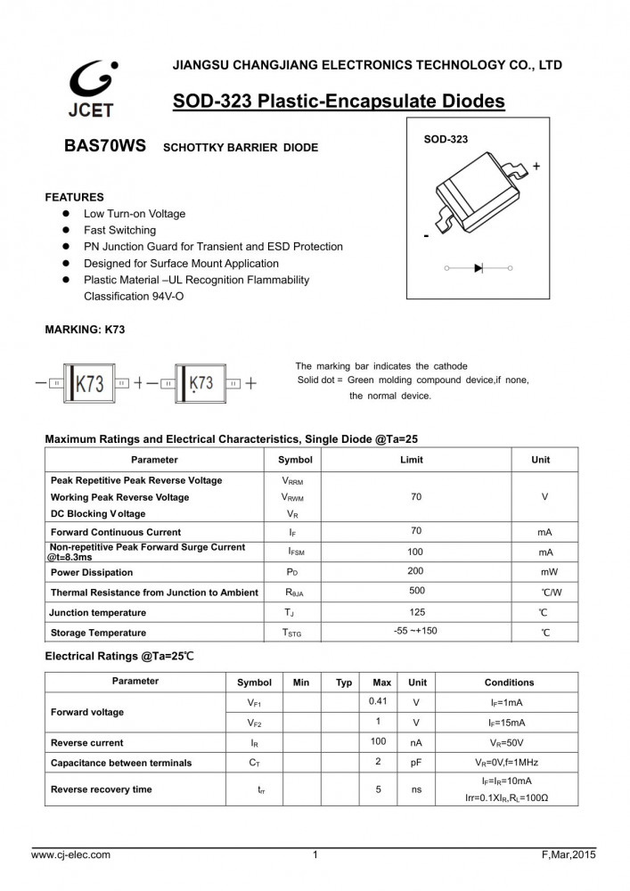 BAS70WS datasheet page 1