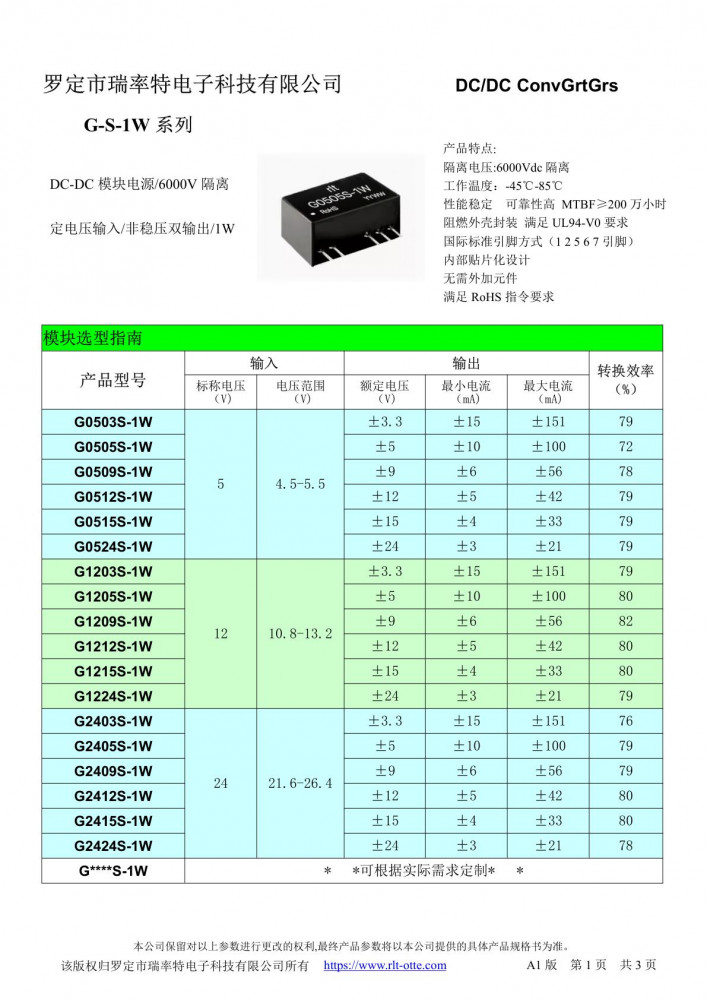 RLT G0509S-1W datasheet page 1