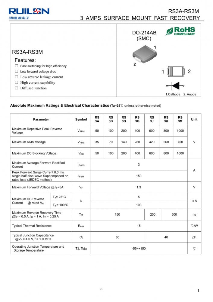 RS3B datasheet page 1
