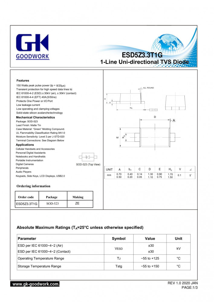 ESD5Z3.3T1G datasheet page 1