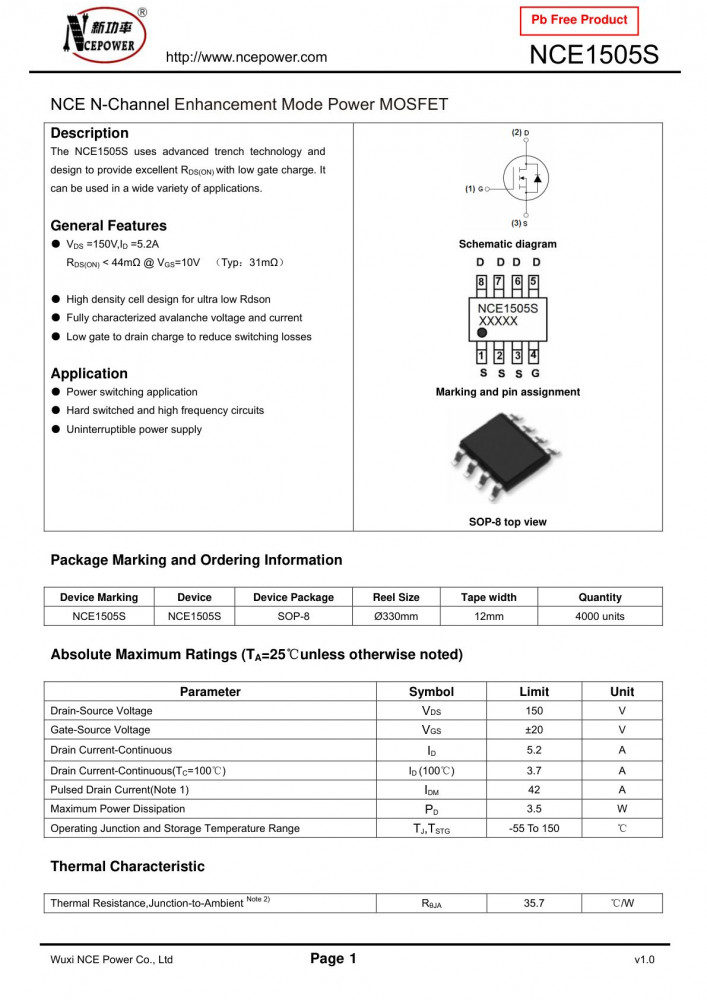 NCE1505S datasheet page 1