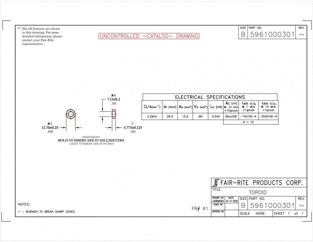 Fair-Rite 5961000301 technical document page