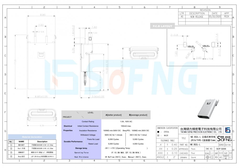 SOFNG MC-302L-L technical drawing and specification page