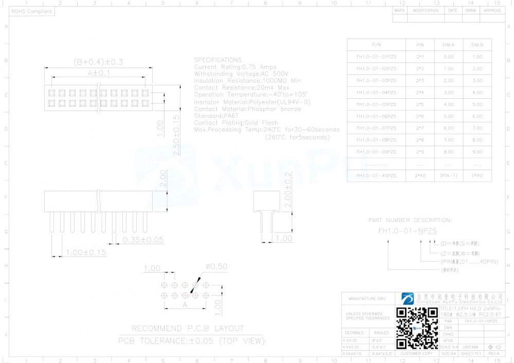 XUNPU FH1.0-01-06PZS manufacturer drawing and specifications