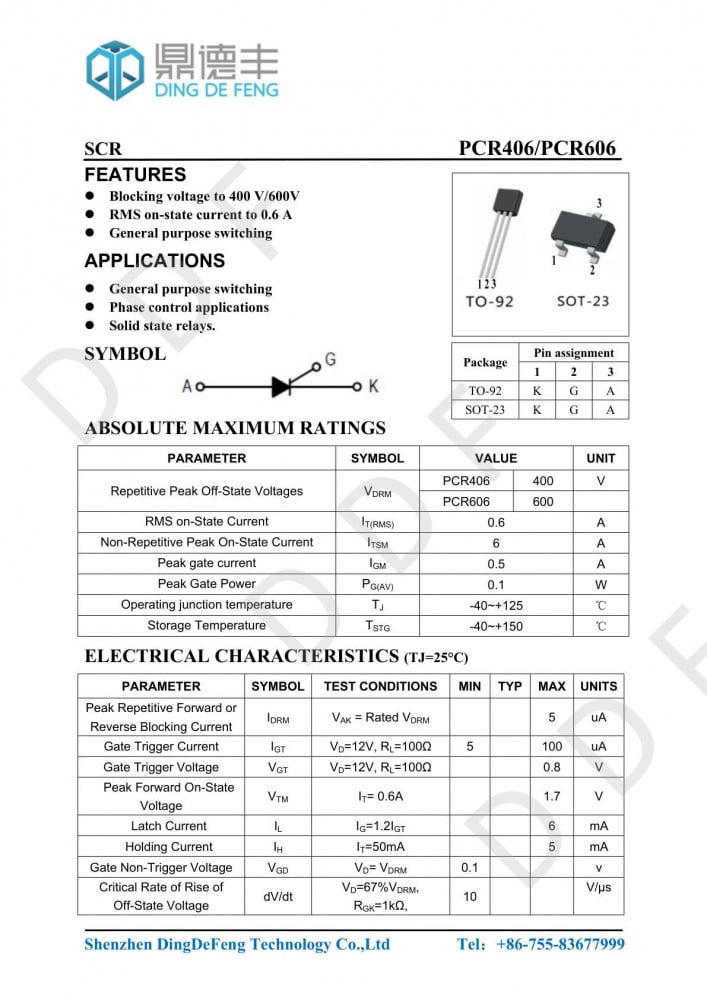 PCR406-TO-92 technical document page