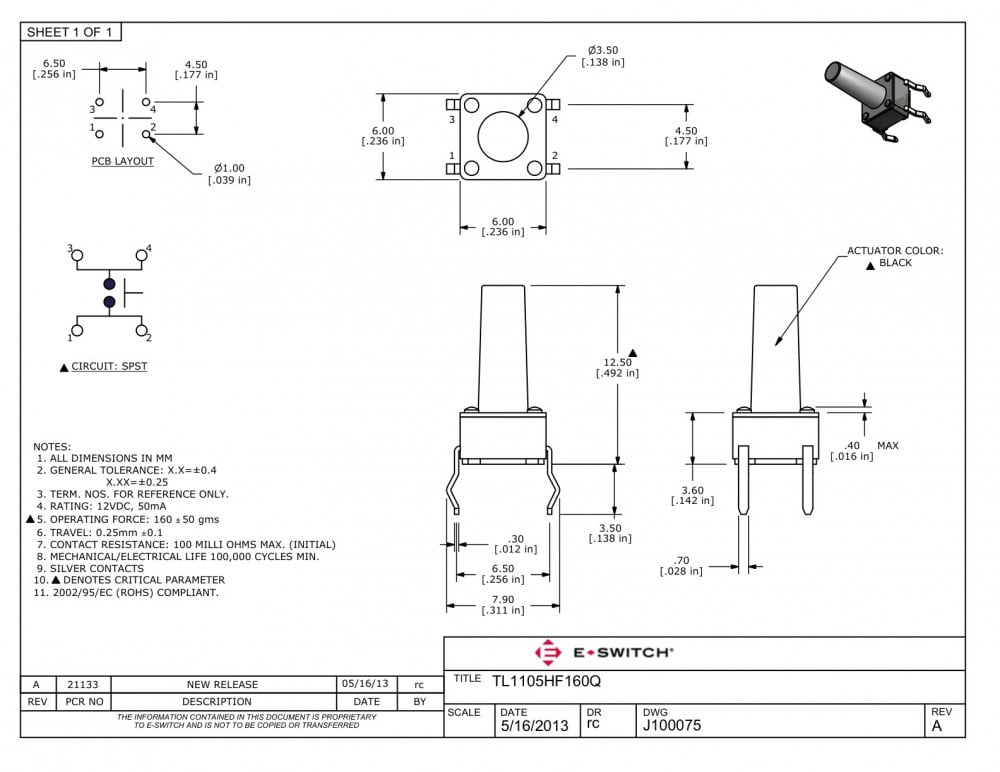 E-Switch TL1105HF160Q technical drawing