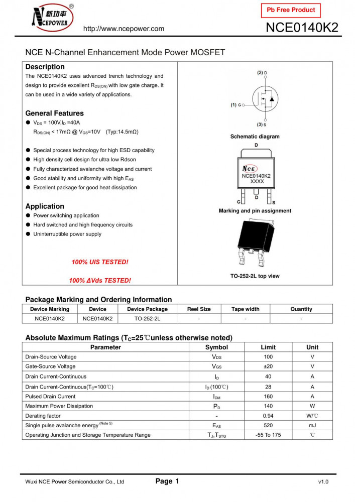 NCE0140K2 datasheet page 1