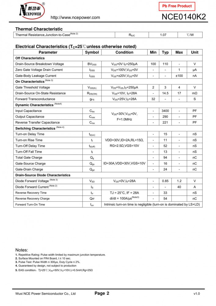NCE0140K2 datasheet page 2