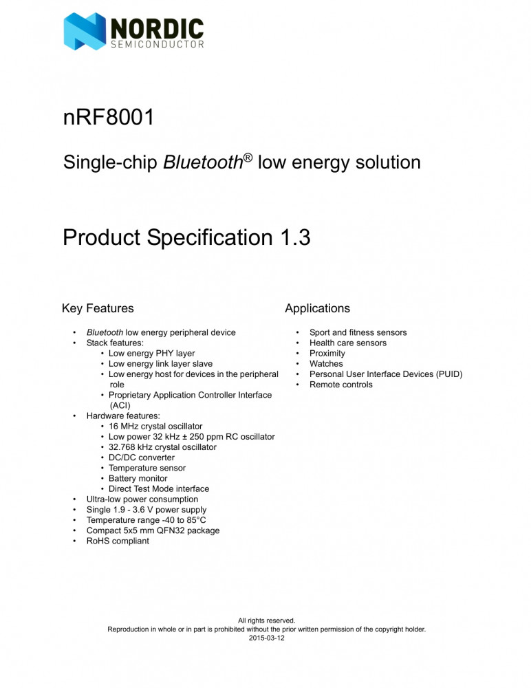 nRF8001 product specification page 1