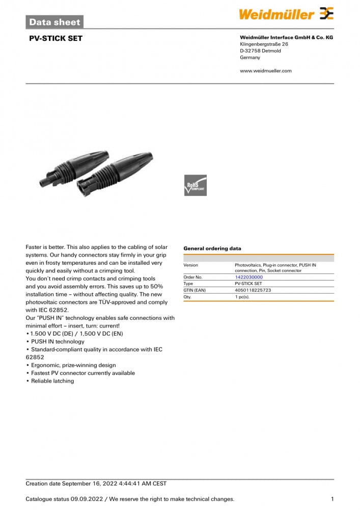 WEIDMULLER PV-STICK SET 1422030000 technical document page 1