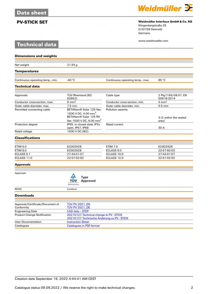 WEIDMULLER PV-STICK SET 1422030000 technical document page 2