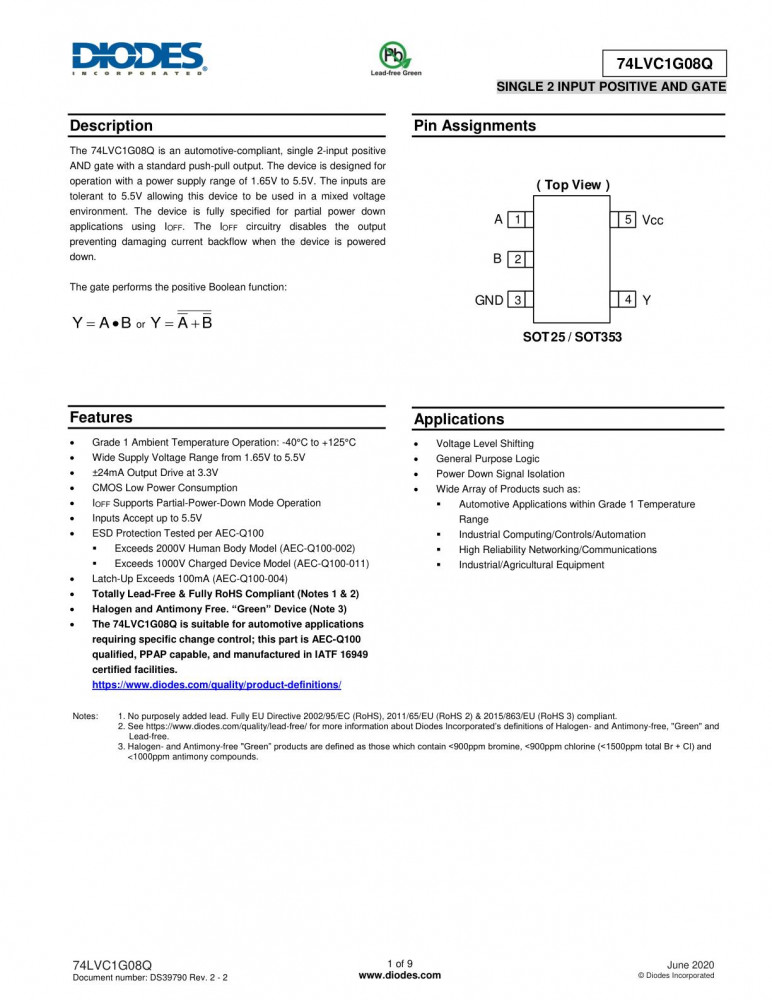 74LVC1G08QW5-7 datasheet page 1