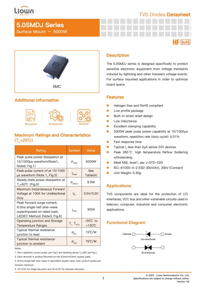 Liown 5.0SMDJ datasheet page 1