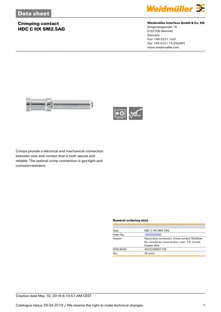 WEIDMULLER 1002920000 technical document page 1