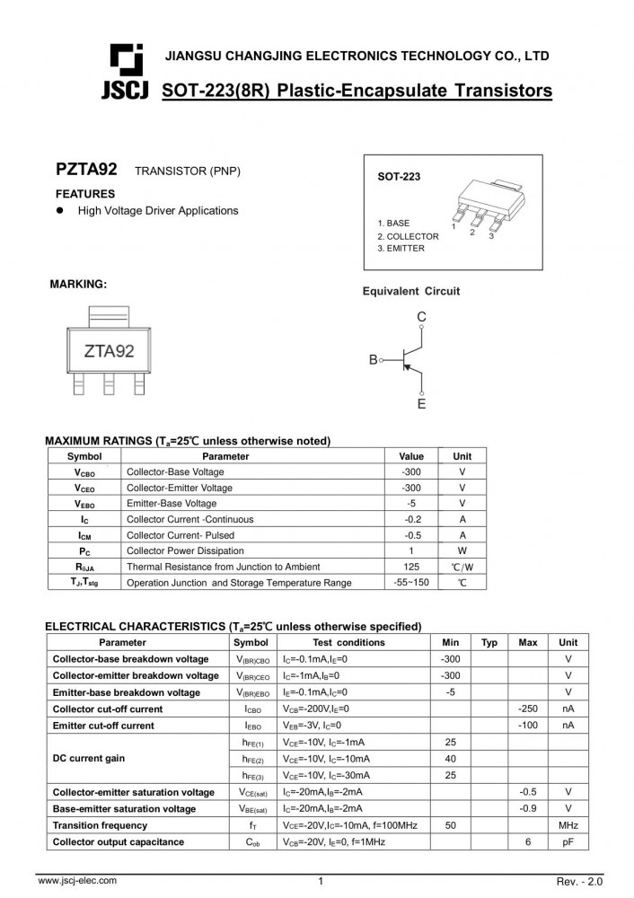 PZTA92 datasheet page 1