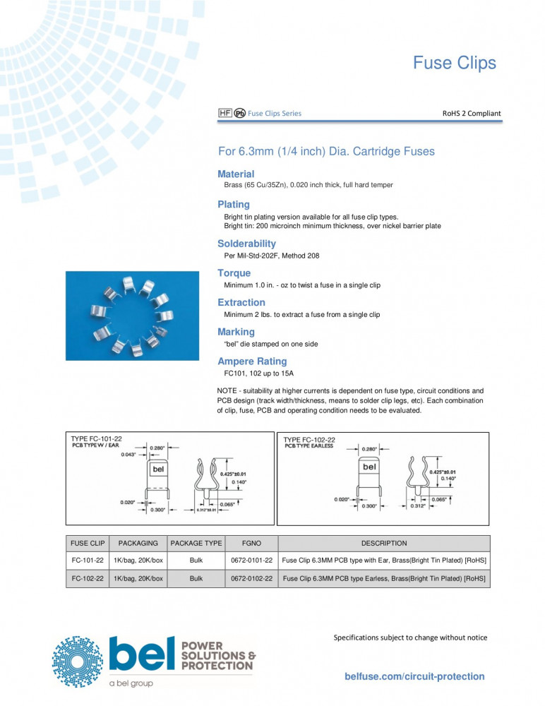 FC-101-22 Bel Fuse fuse clip technical document page 1