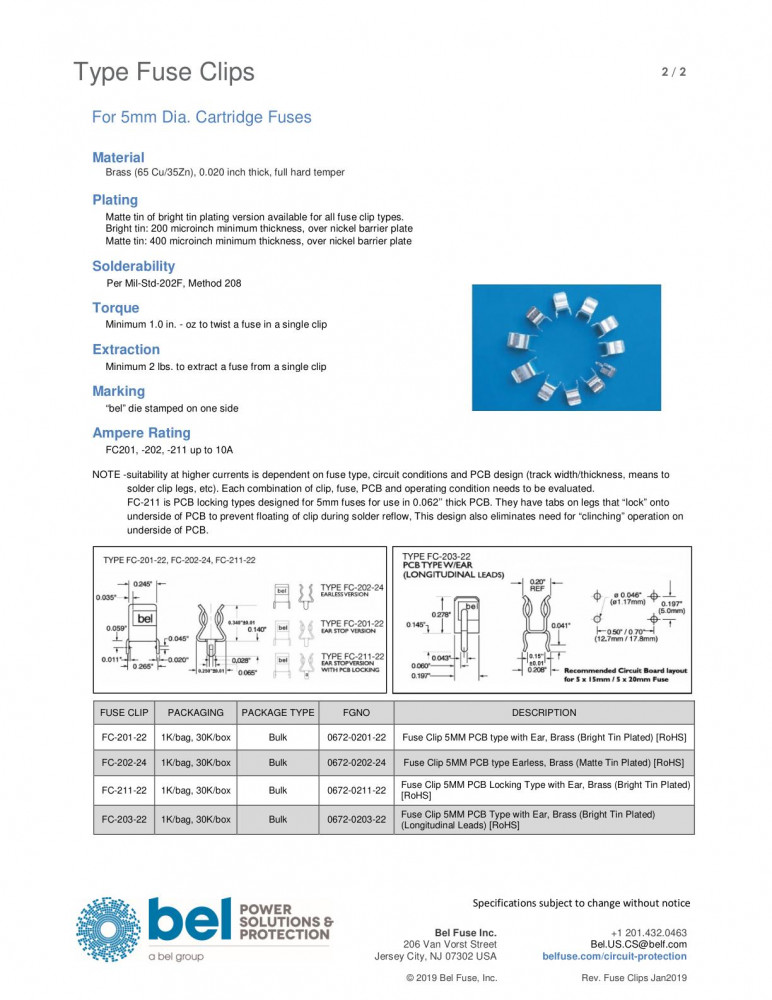 FC-101-22 Bel Fuse fuse clip technical document page 2