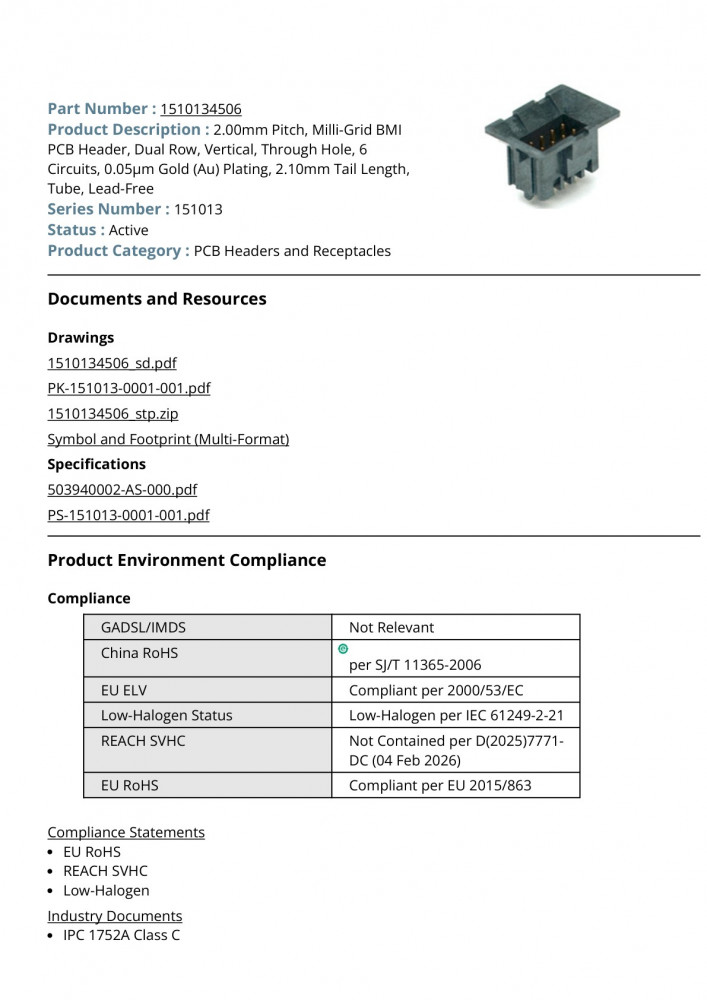 MOLEX Milli-Grid BMI vertical header technical document, page 1