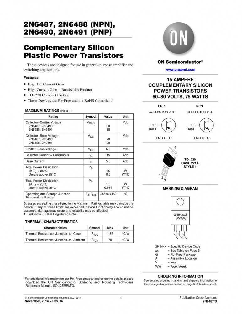 2N6491 datasheet page 1